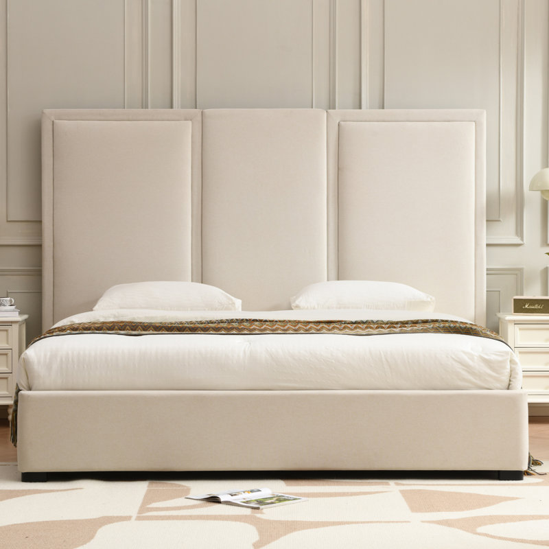 Morghen Upholstered Platform Bed with Extra High Headboard and 2 Extra Large Capacity Drawers Ebern Designs Color Beige Size Queen